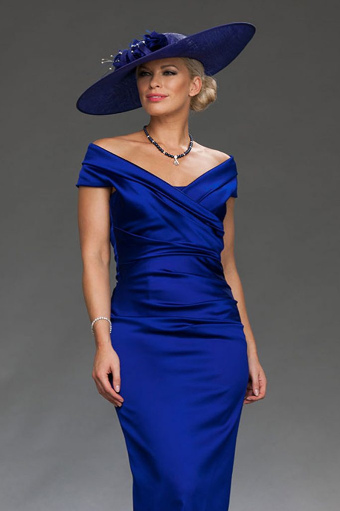 Full length fitted gown with wide v neck and off shoulder detail ...