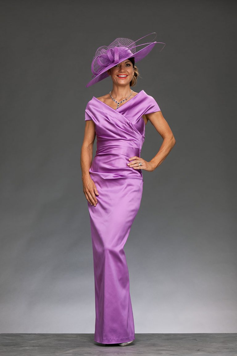 Full length fitted gown with wide v neck and off shoulder detail ...