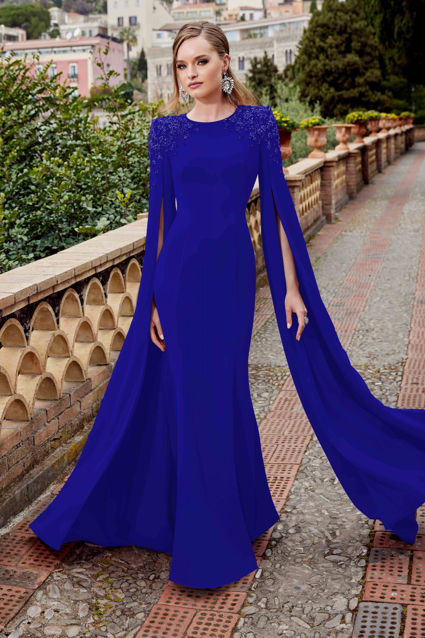Floor Length Fishtail Dress with Dramatic Sleeves. 29732L - Catherines ...