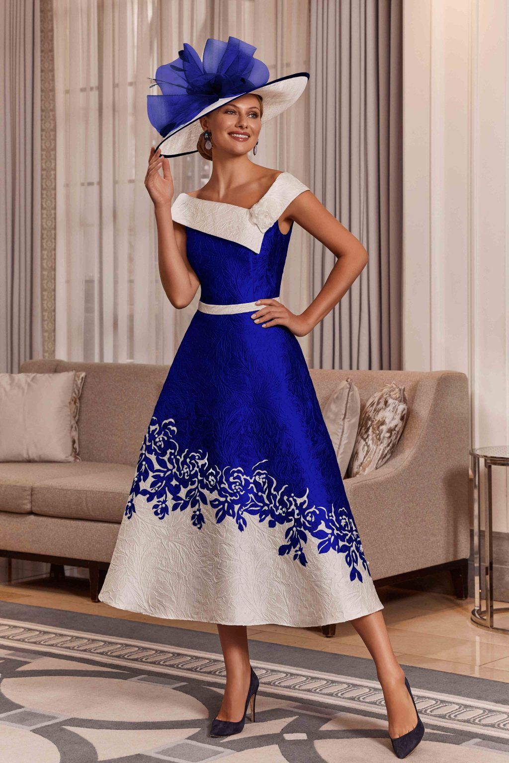 Mid Length Dress with A Line Skirt and Bardot Collar. 007990 ...