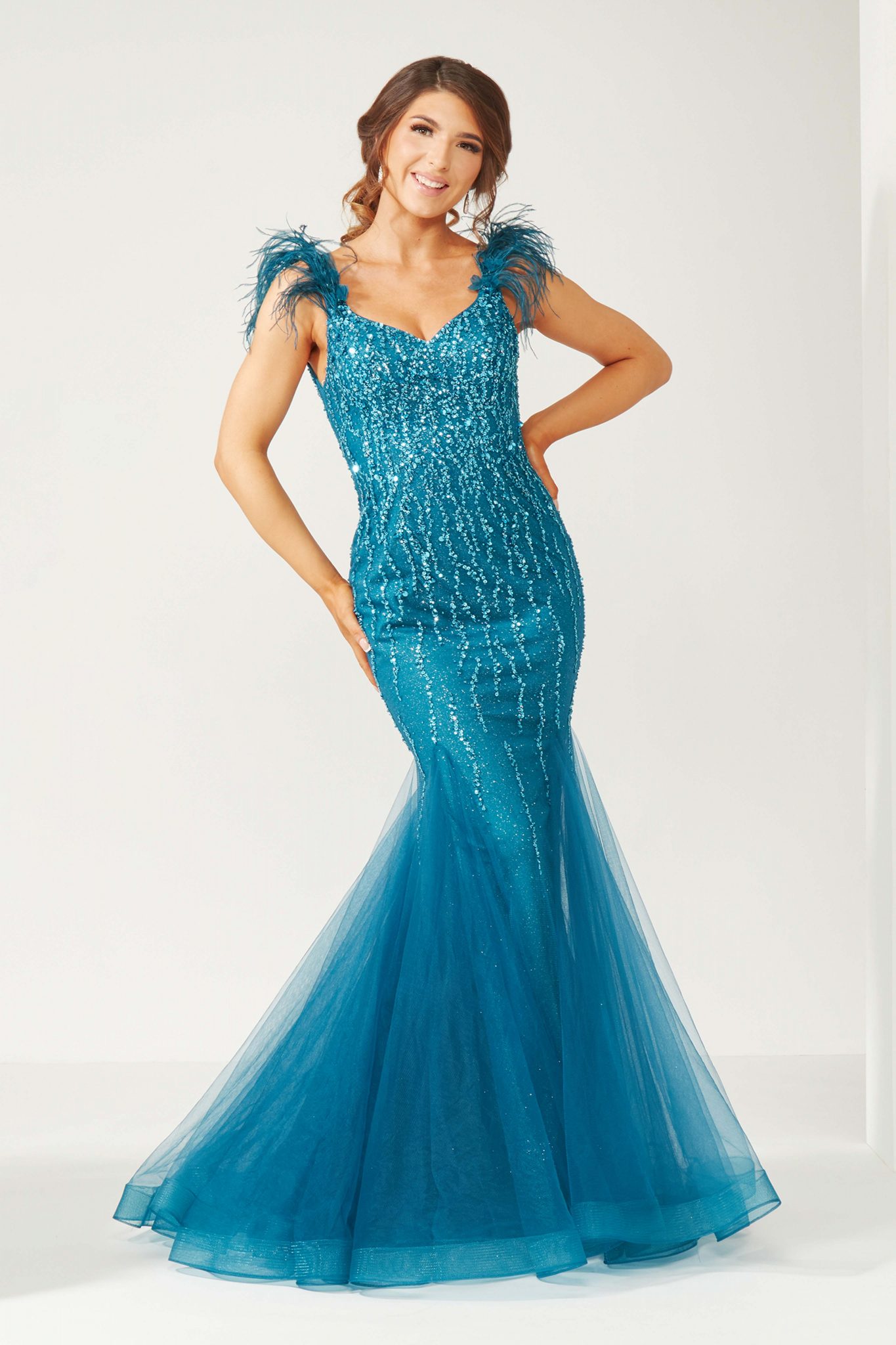 Long Fishtail Embellished Dress with Feather Straps. AF5692 ...
