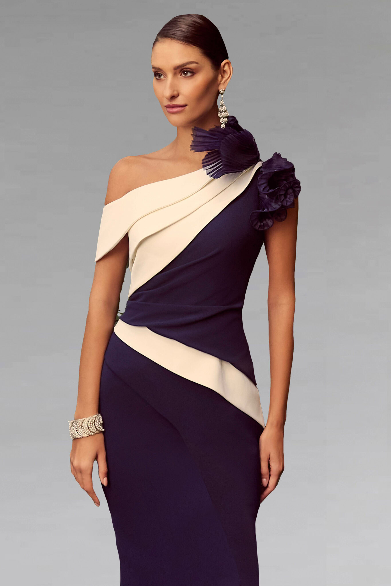 Full Length Dress With Floral Shoulder. 992340L - Catherines of Partick