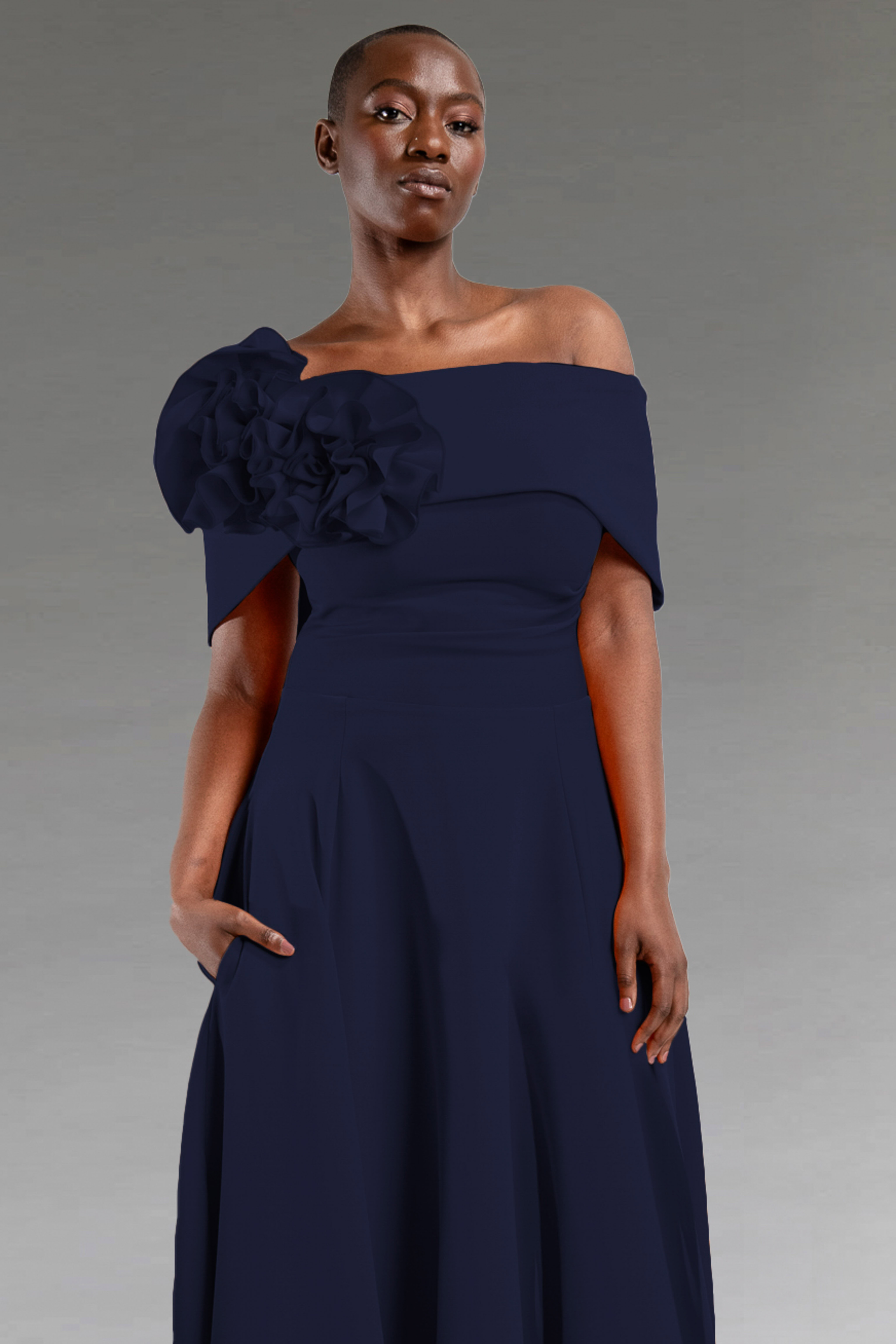 Mid Length Bardot Dress With Flower Detail. Kevan Jon Kyoto Flare - Catherines of Partick