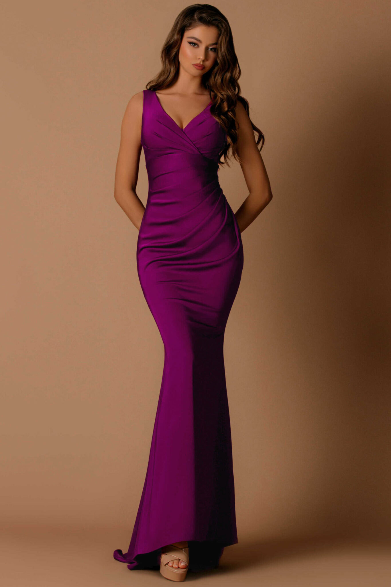 Full Length Fitted V Neck Dress. NBM8989 - Catherines of Partick