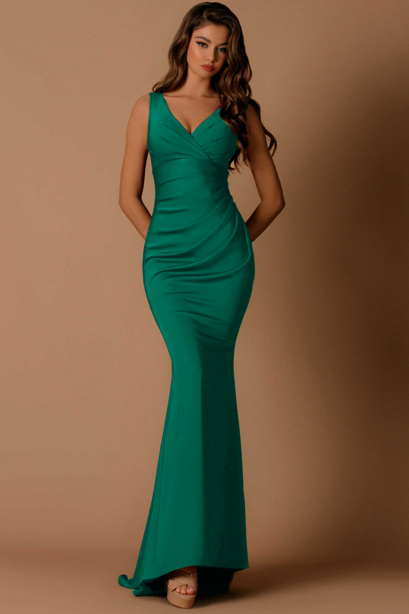 Full Length Fitted V Neck Dress. NBM8989 - Catherines of Partick